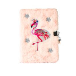 Libreta estampado flamingo con flores bordadas afelpada con candado rosada