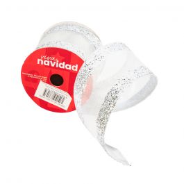 Cinta decorativa navideña lisa escarchada 3yrdx6.3cm plateado