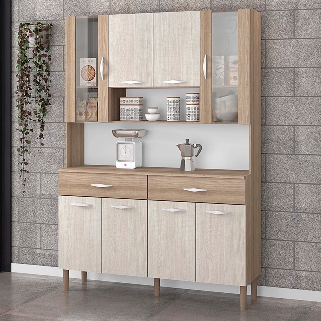 Mueble cocina multiuso 8 puertas 2 gavetas nogal blanco