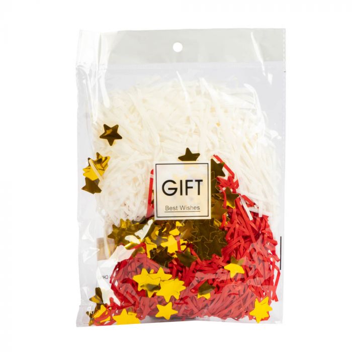 Relleno borucha papel liso con estrellas rojo y blanco con dorado